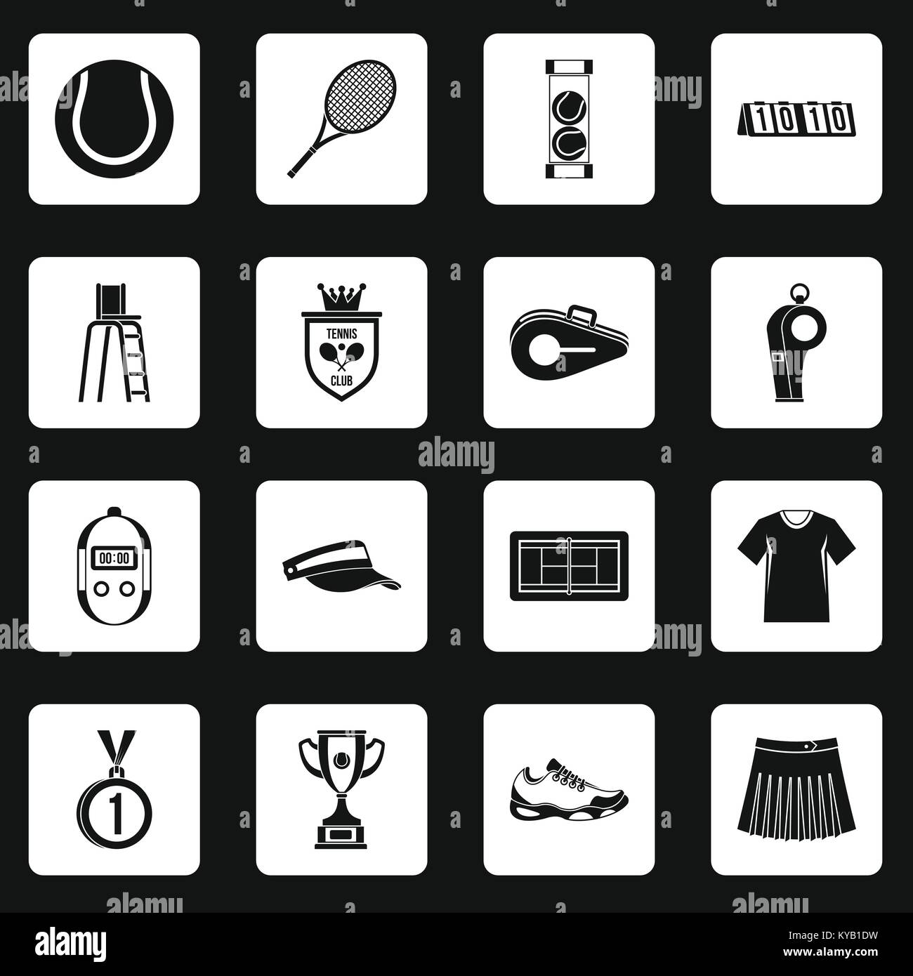 Tennis icons set in white squares on black background simple style ...