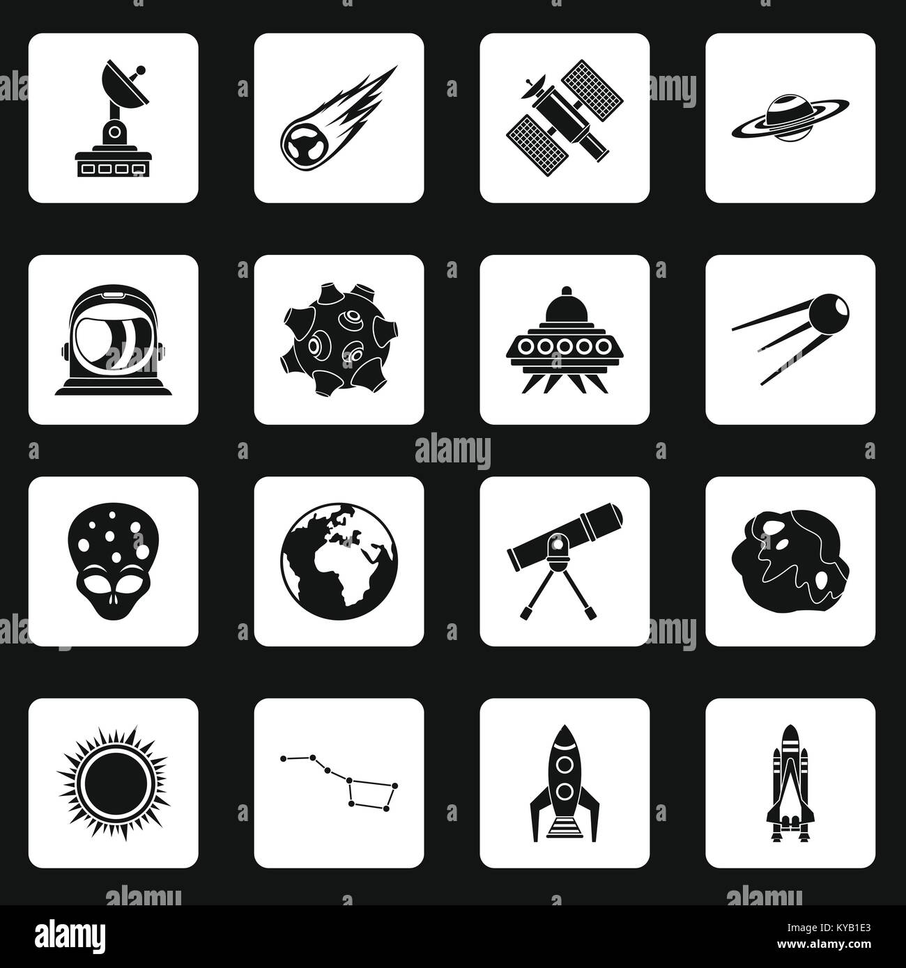 Space icons set in white squares on black background simple style ...