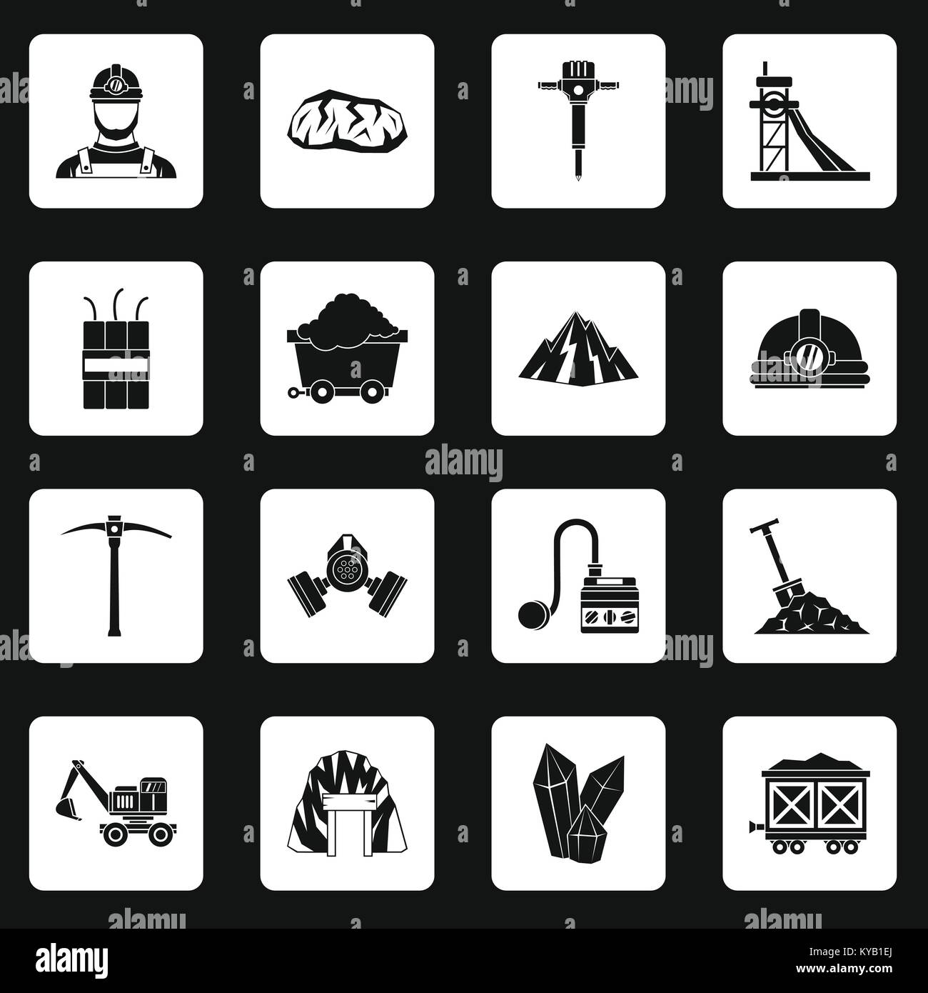 Miner icons set in white squares on black background simple style ...