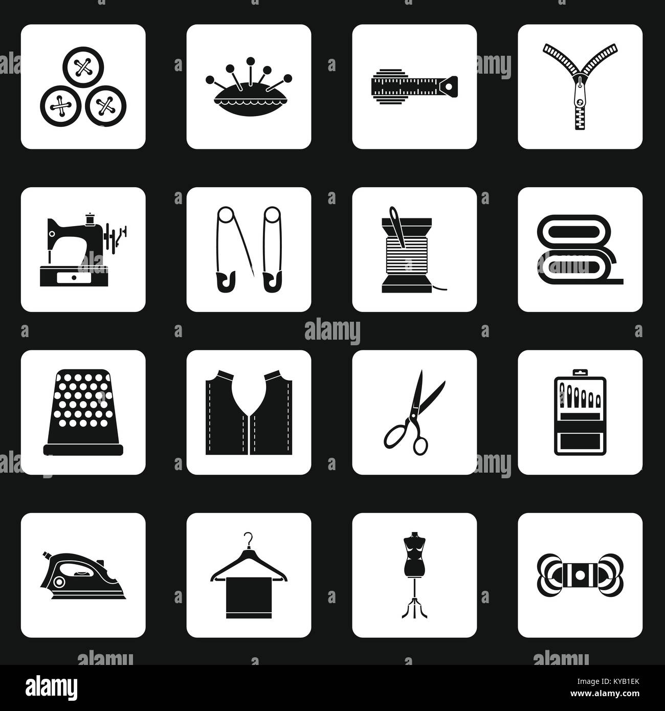 Sewing icons set in white squares on black background simple style ...