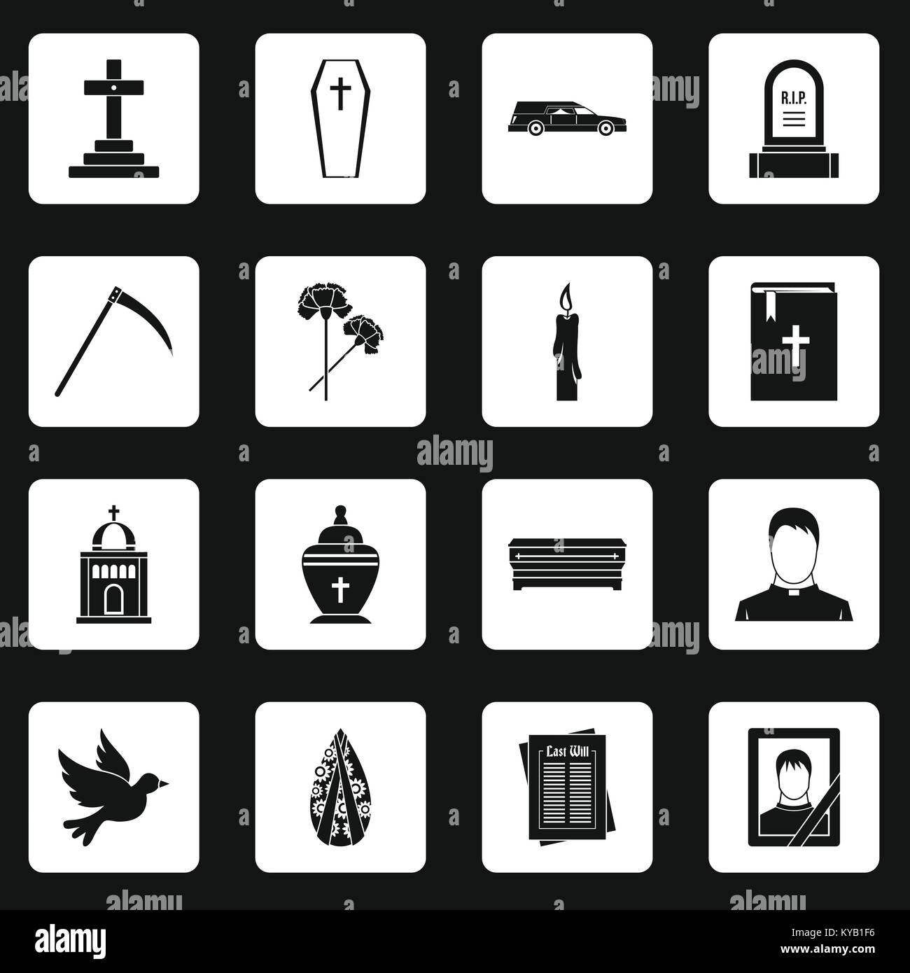 Funeral icons set in white squares on black background simple style ...