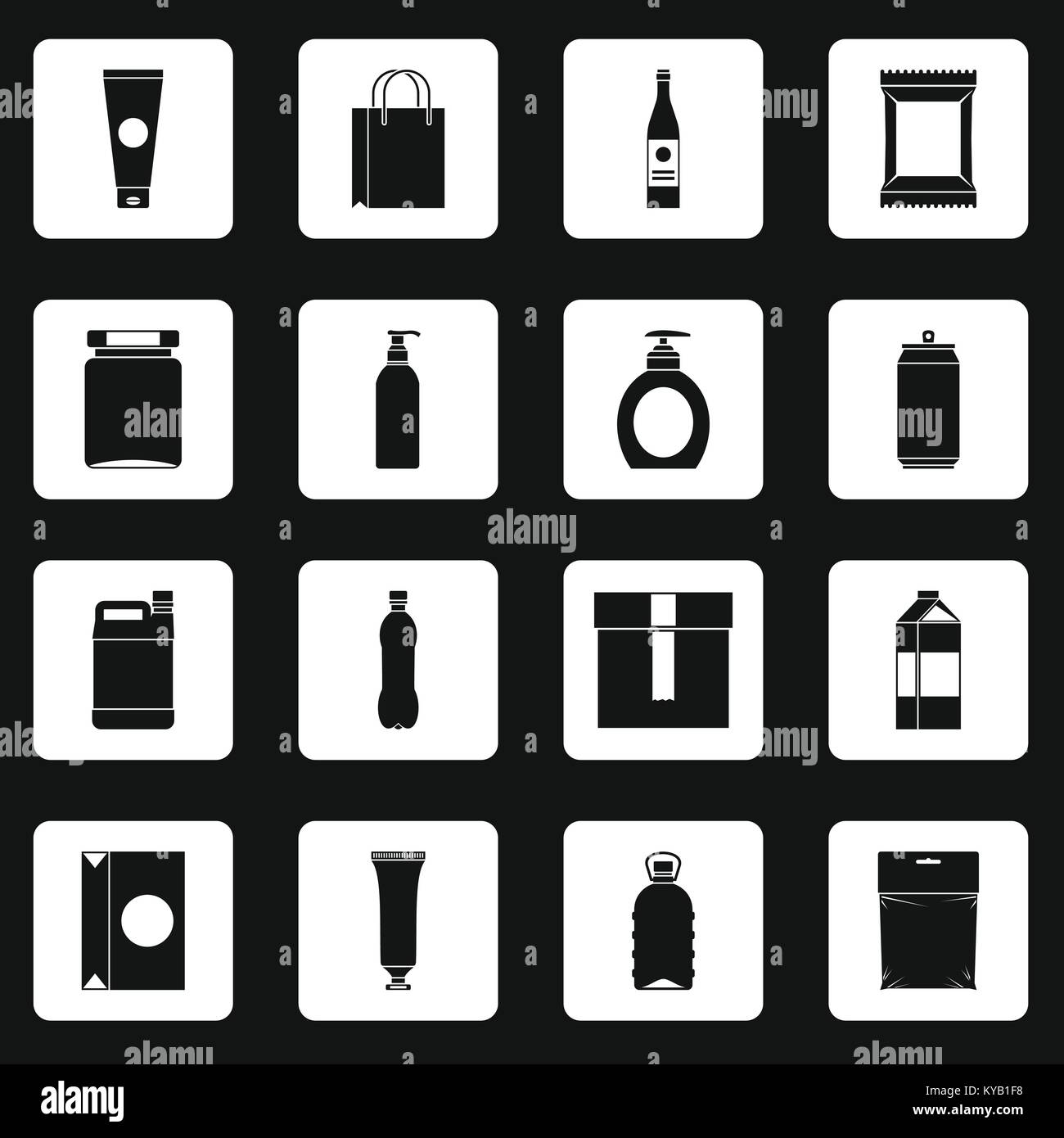 Packaging items icons set in white squares on black background simple ...