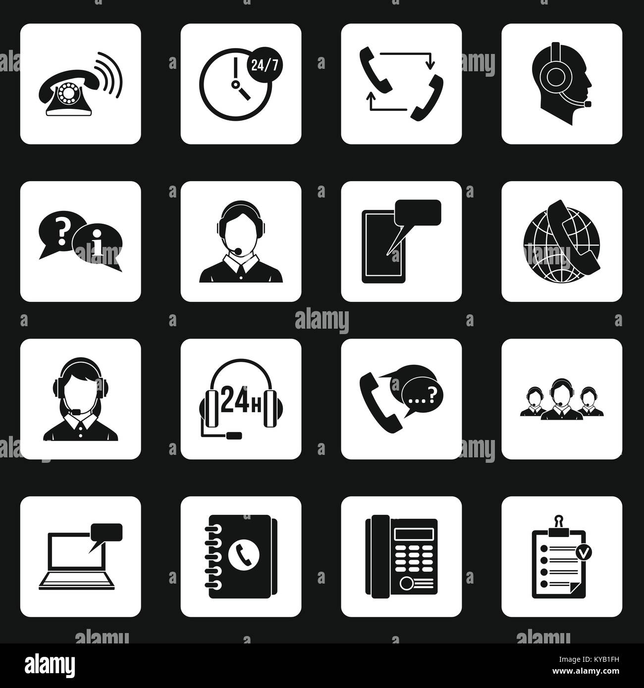 Call center symbols icons set in white squares on black background ...
