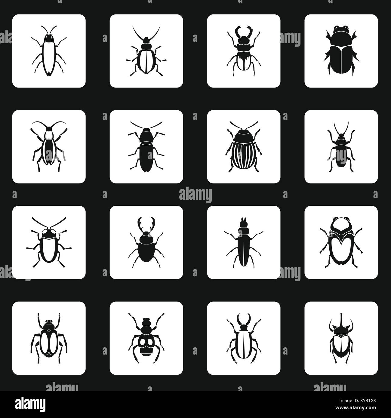Bugs icons set in white squares on black background simple style vector ...