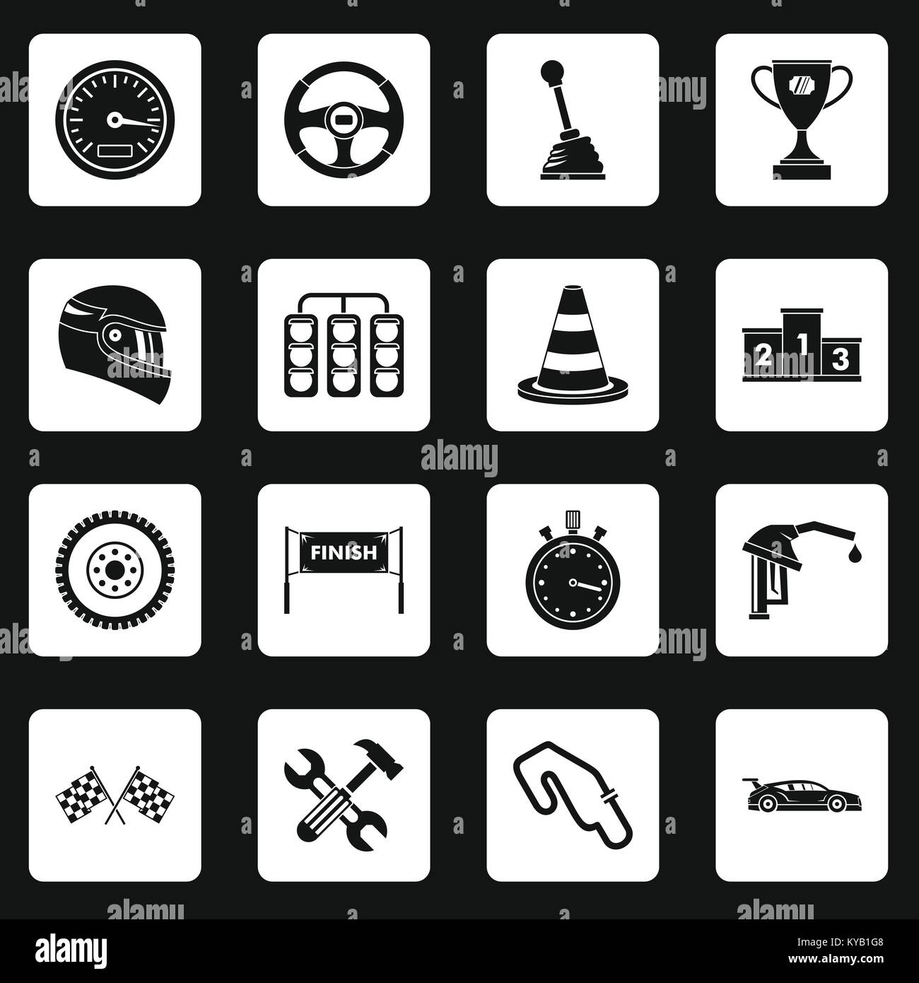 Racing speed icons set in white squares on black background simple ...