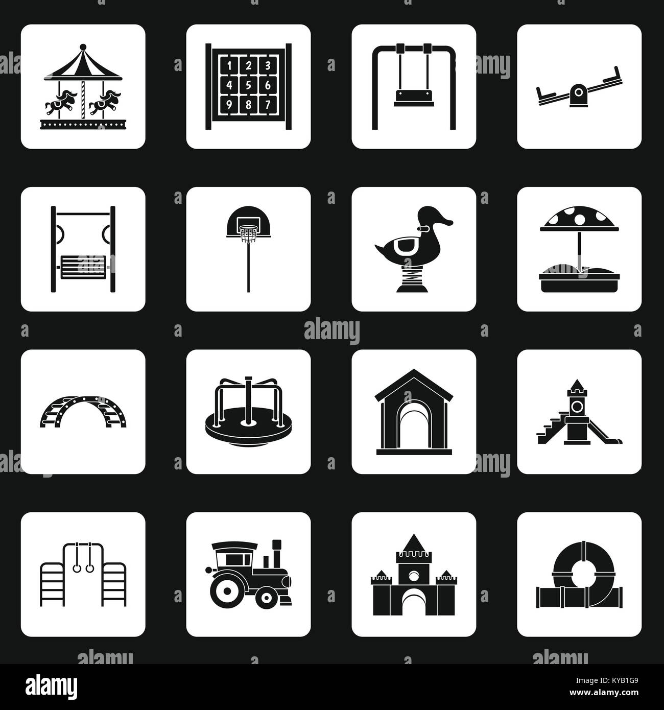 Playground icons set in white squares on black background simple style ...