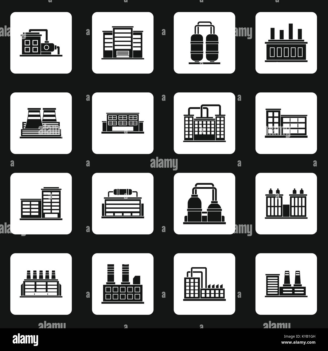 Industrial building factory icons set in white squares on black ...
