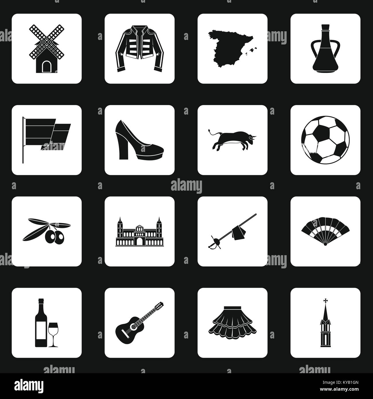 Spain travel icons set in white squares on black background simple ...