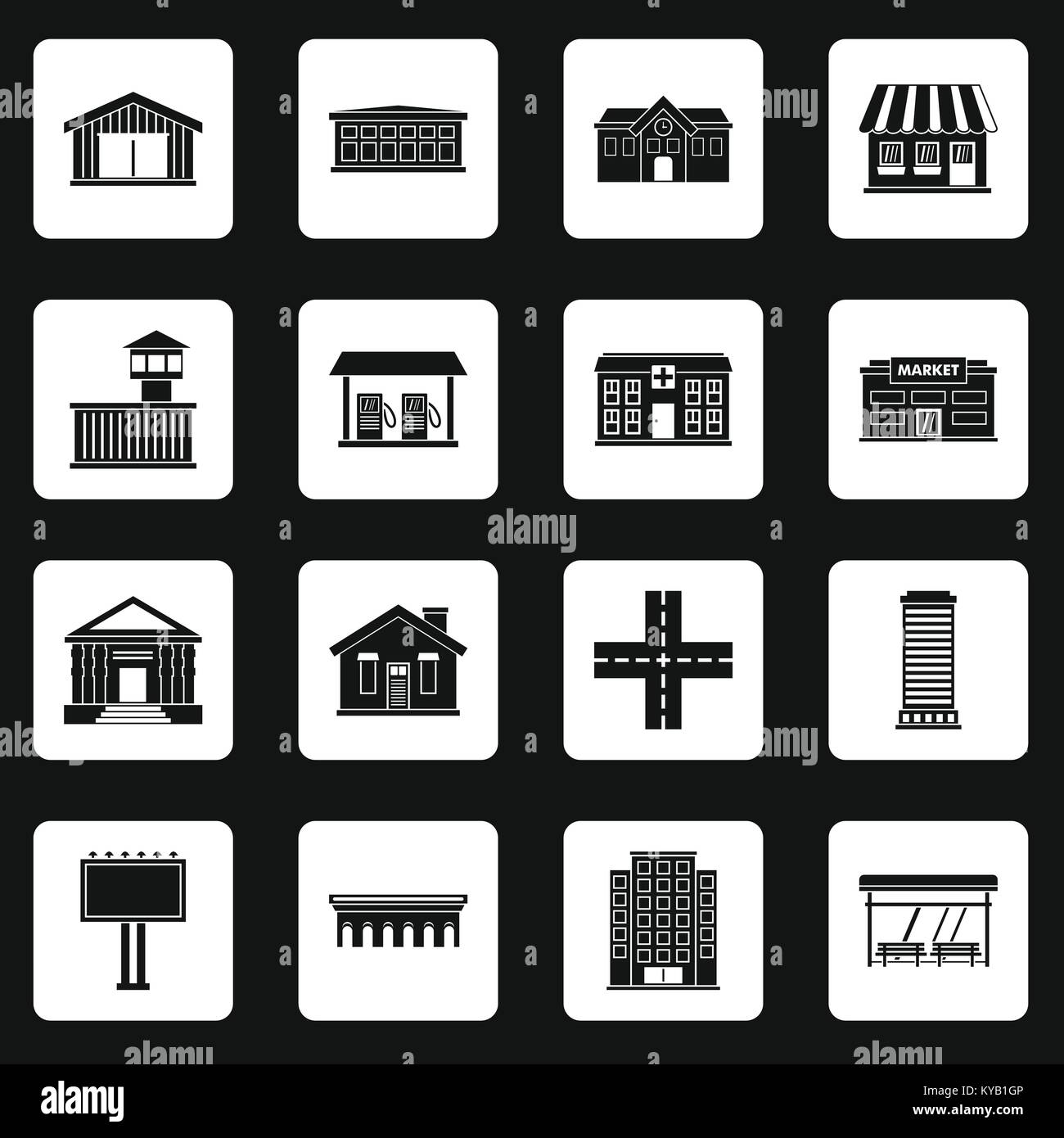 City infrastructure items icons set in white squares on black ...