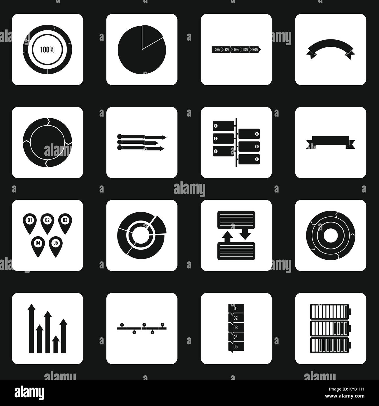 Infographic design parts icons set in white squares on black background ...