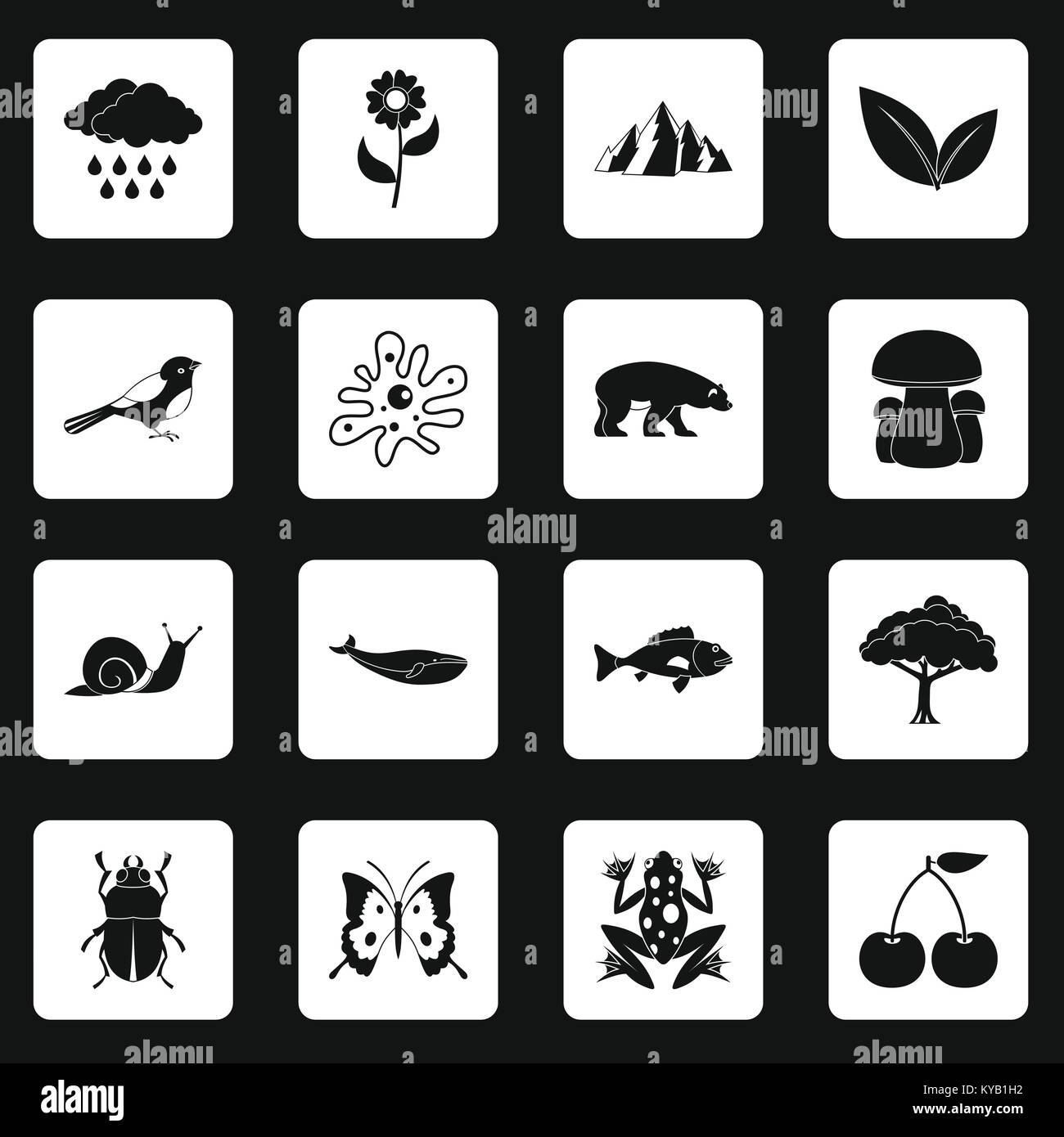Nature items icons set in white squares on black background simple ...