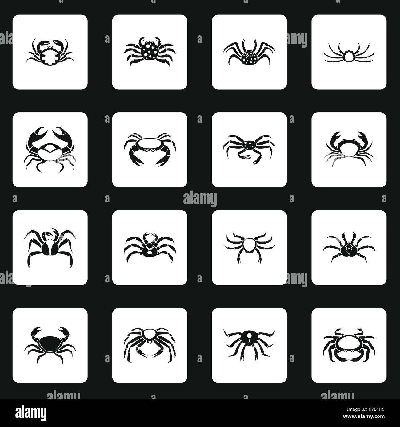 Various crab icons set in white squares on black background simple ...
