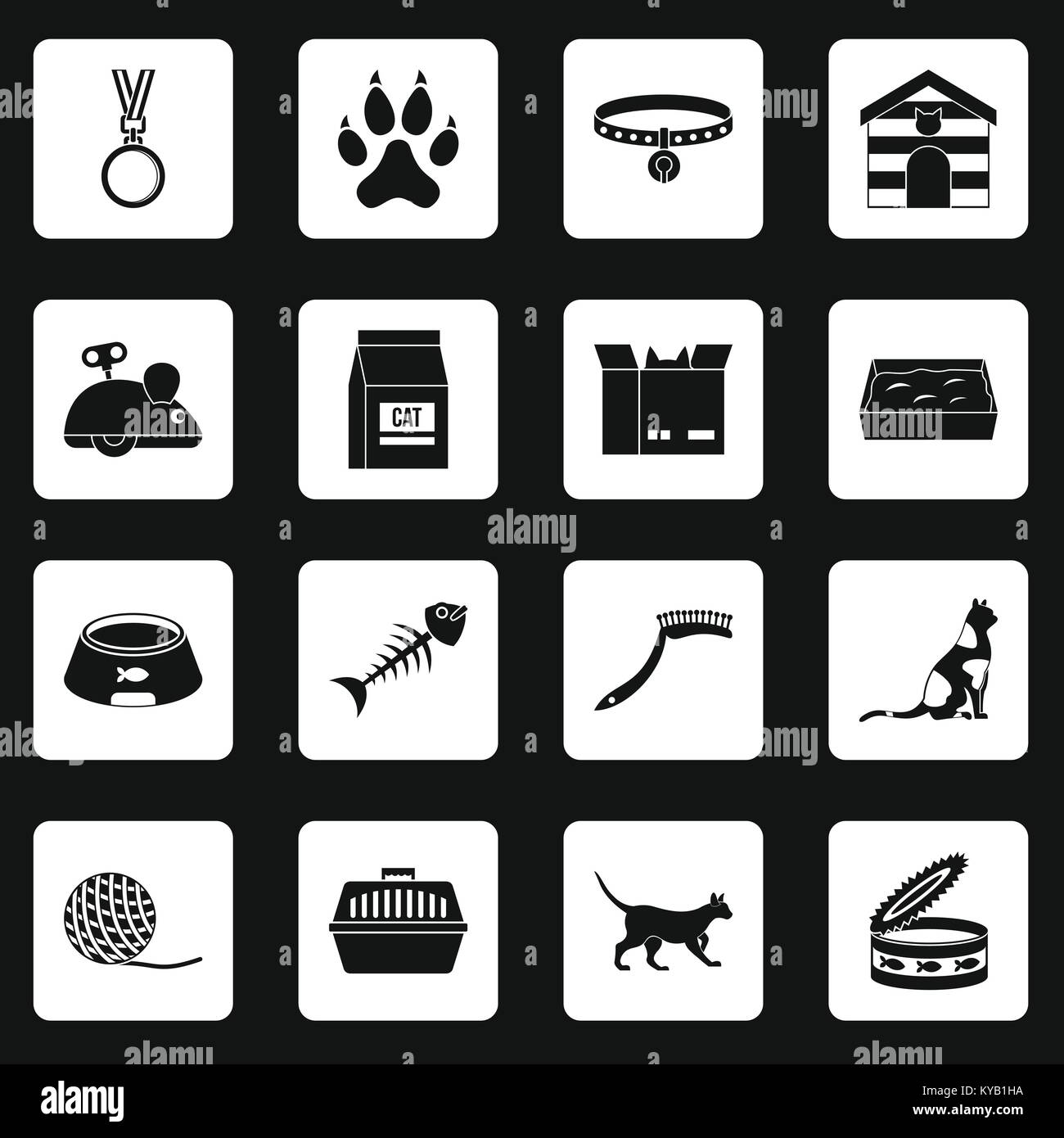 Cat care tools icons set in white squares on black background simple ...