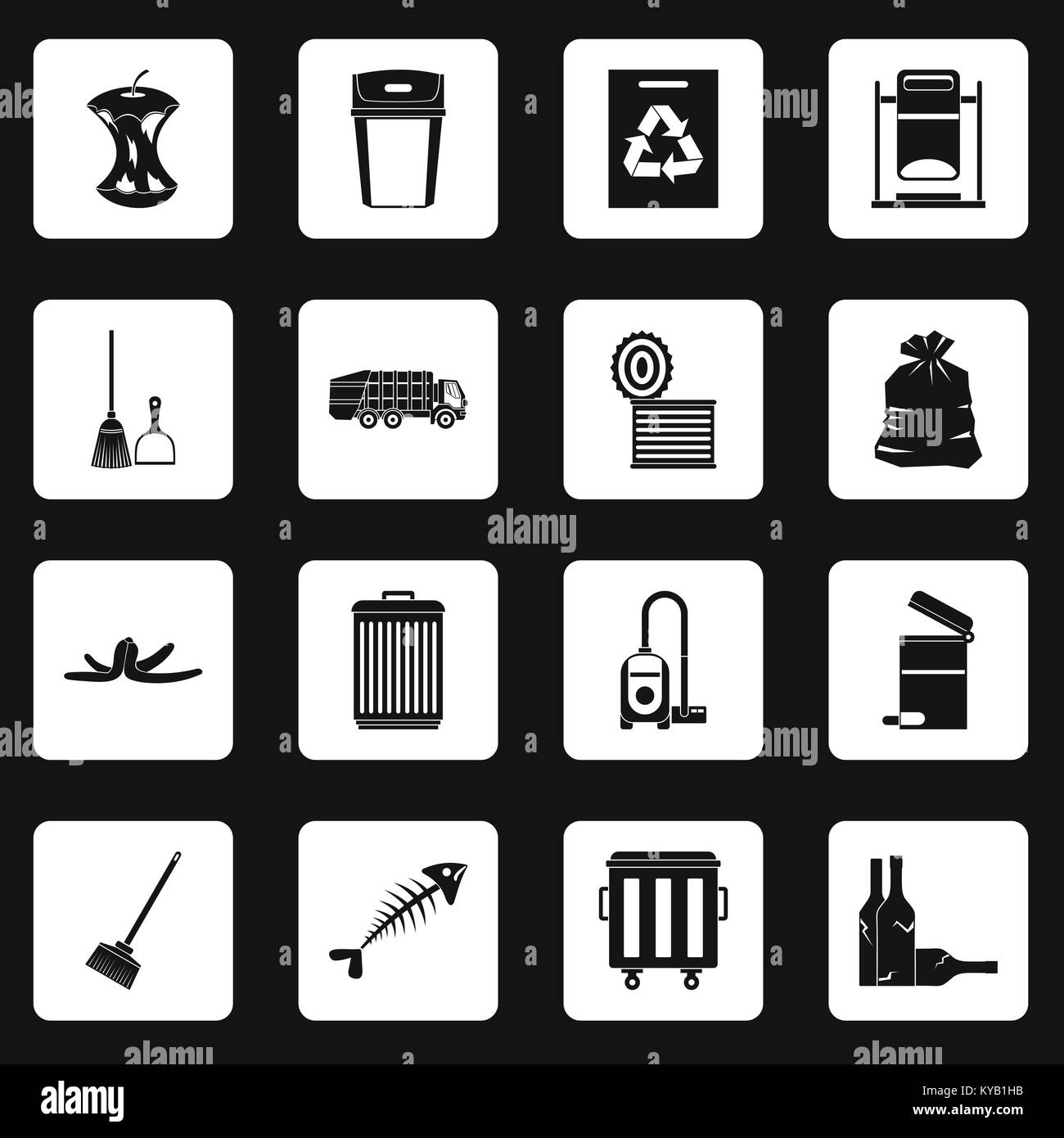 Garbage thing icons set in white squares on black background simple ...