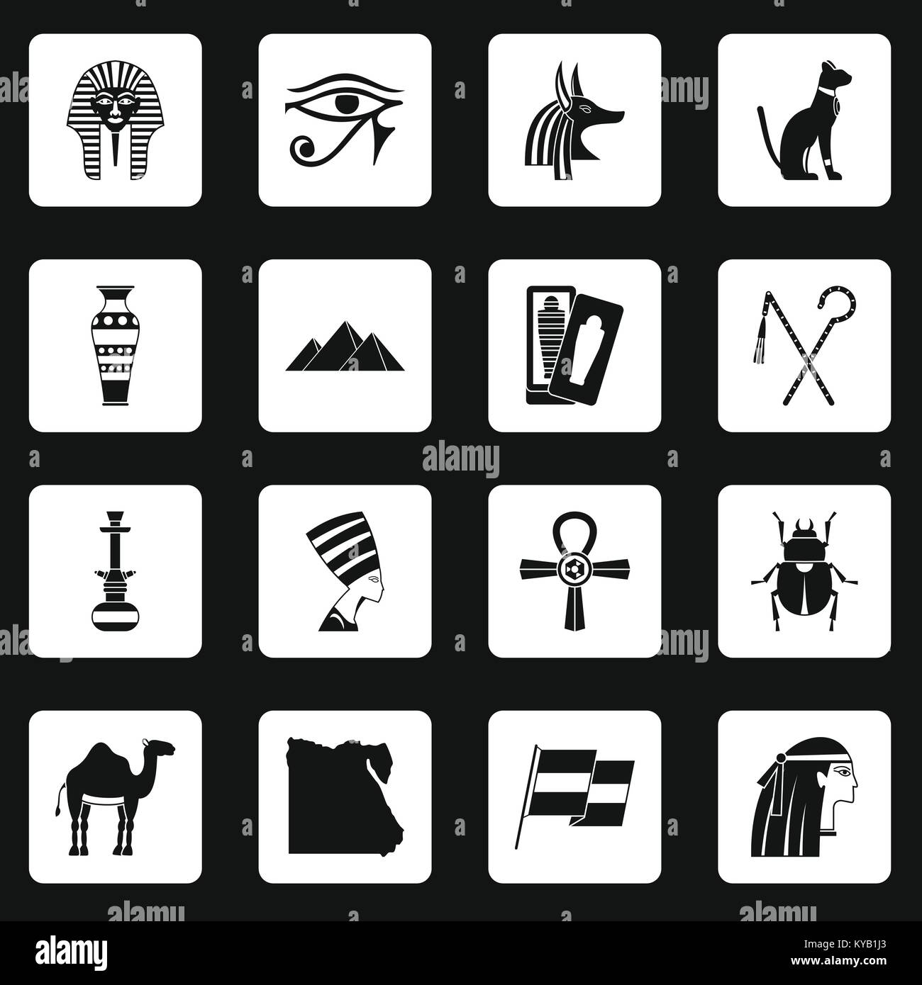 Egypt travel items icons set in white squares on black background ...