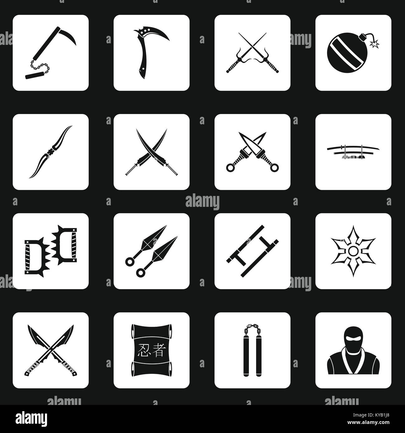 Ninja tools icons set in white squares on black background simple style ...