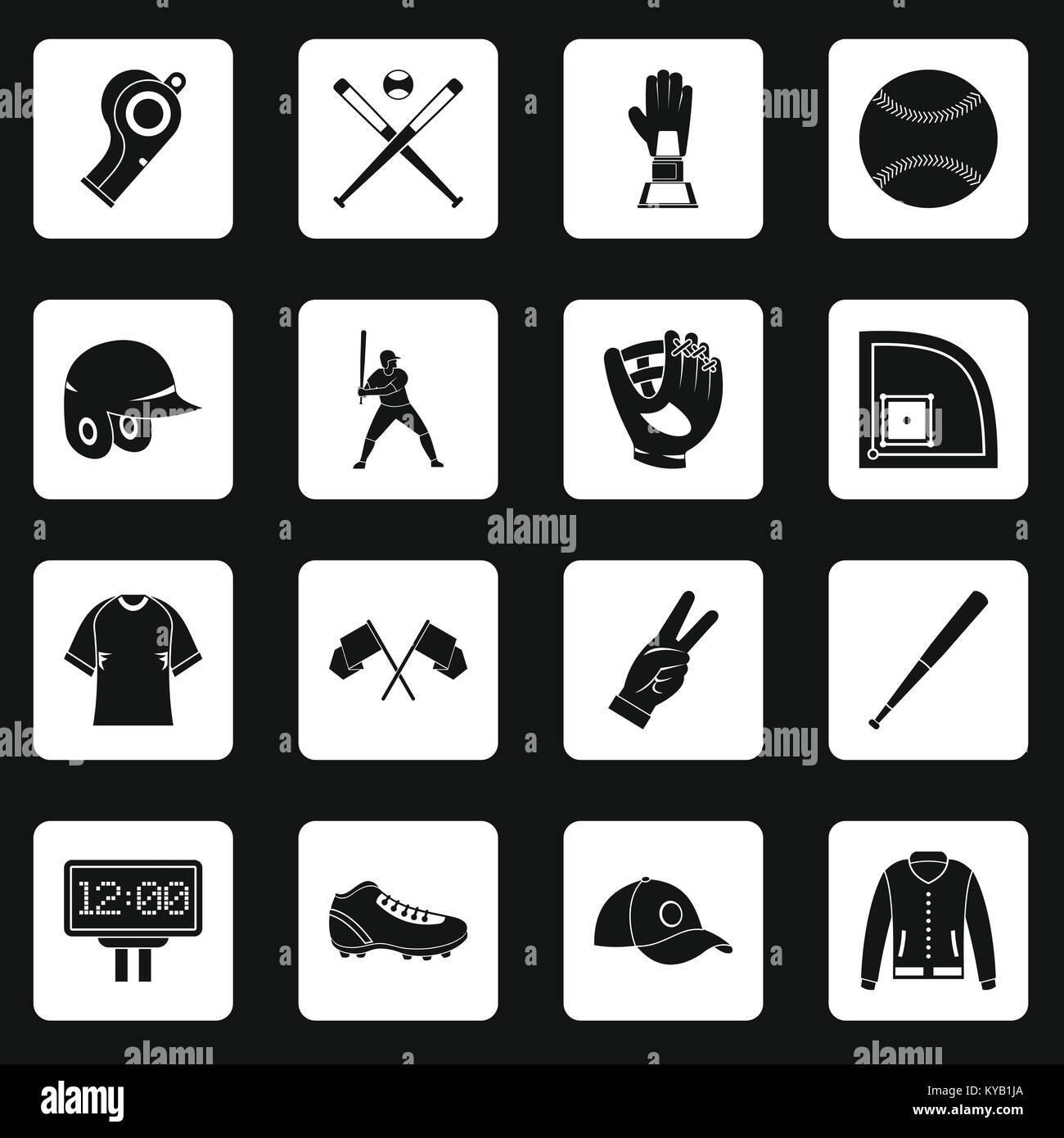 Baseball icons set in white squares on black background simple style ...