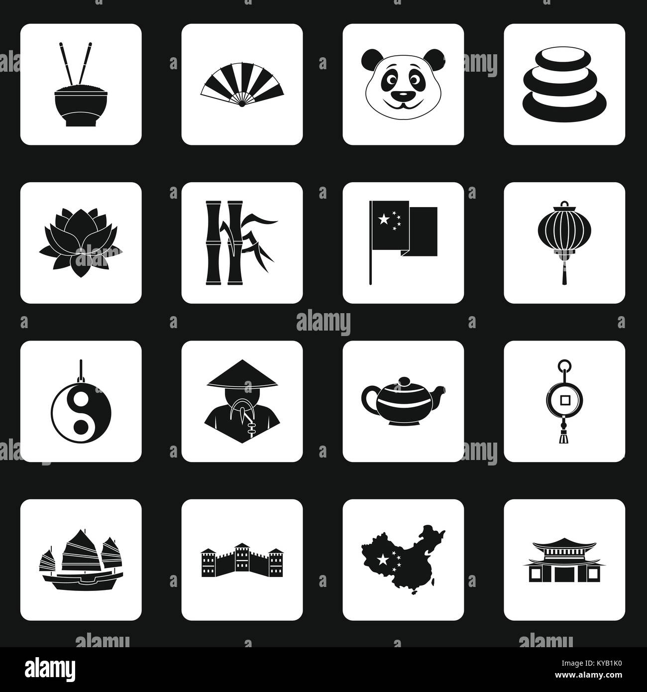 China travel symbols icons set in white squares on black background ...