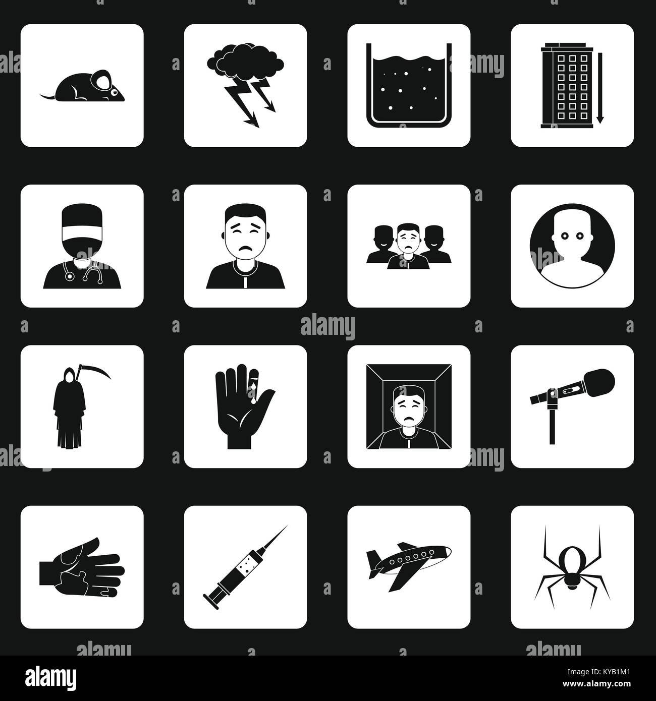 Phobia symbols icons set in white squares on black background simple ...