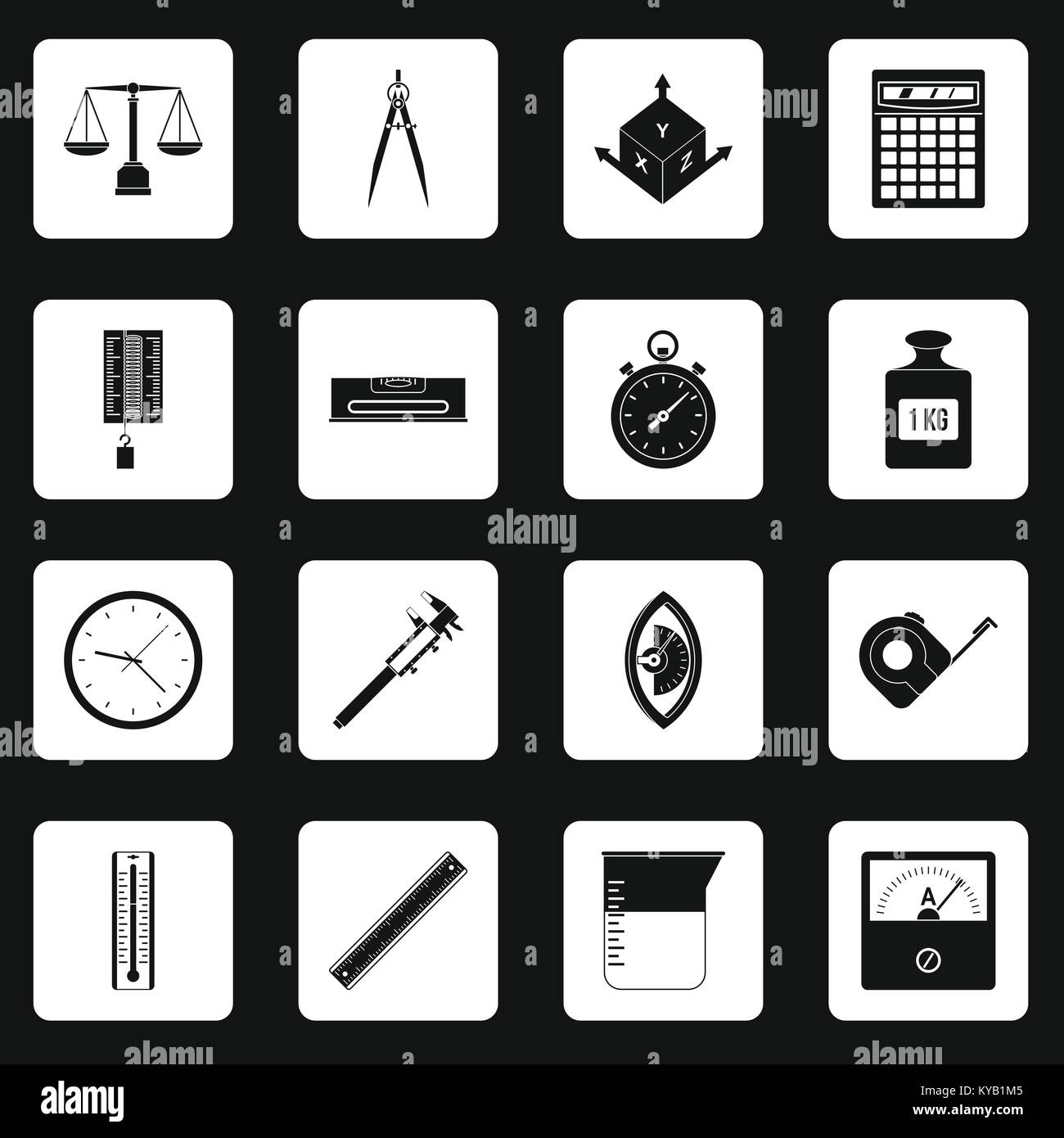 Measure precision icons set in white squares on black background simple ...