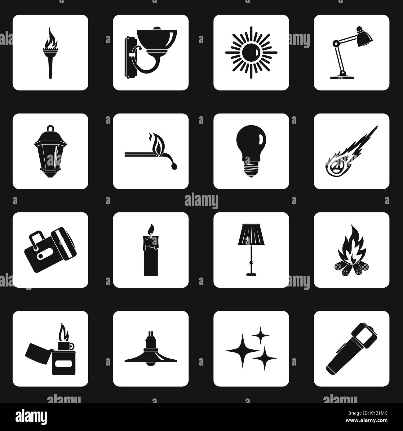 Light source symbols icons set in white squares on black background ...