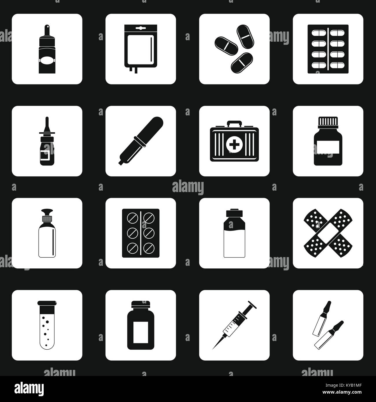 Different drugs icons set in white squares on black background simple ...