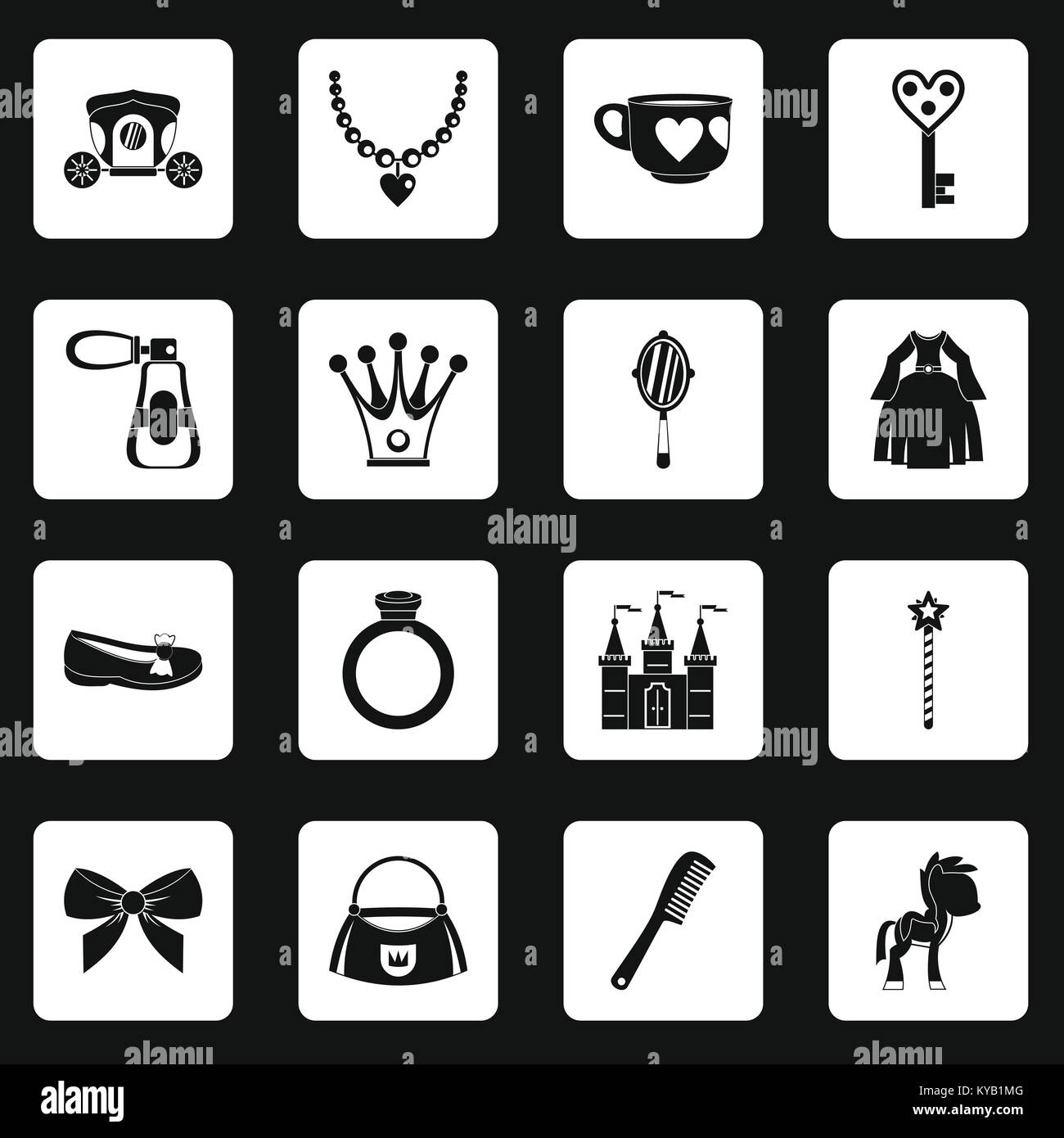 Doll princess items icons set in white squares on black background ...