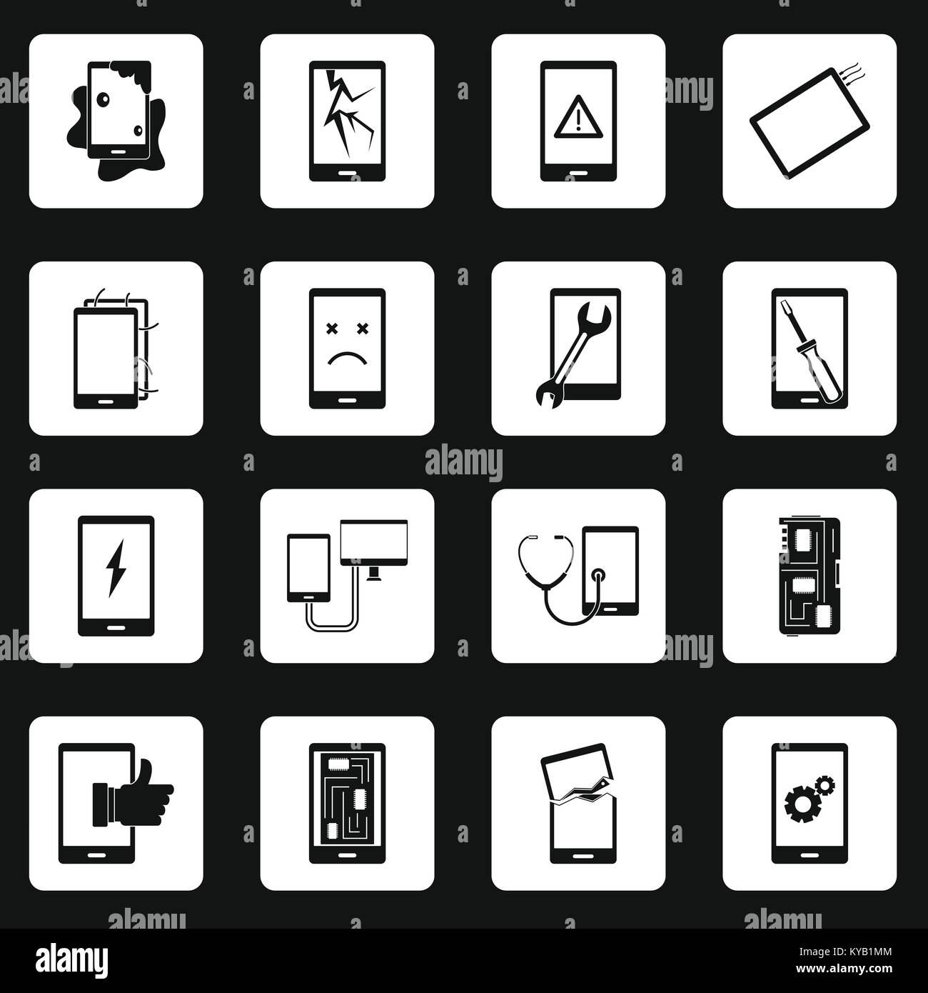 Device repair symbols icons set in white squares on black background ...
