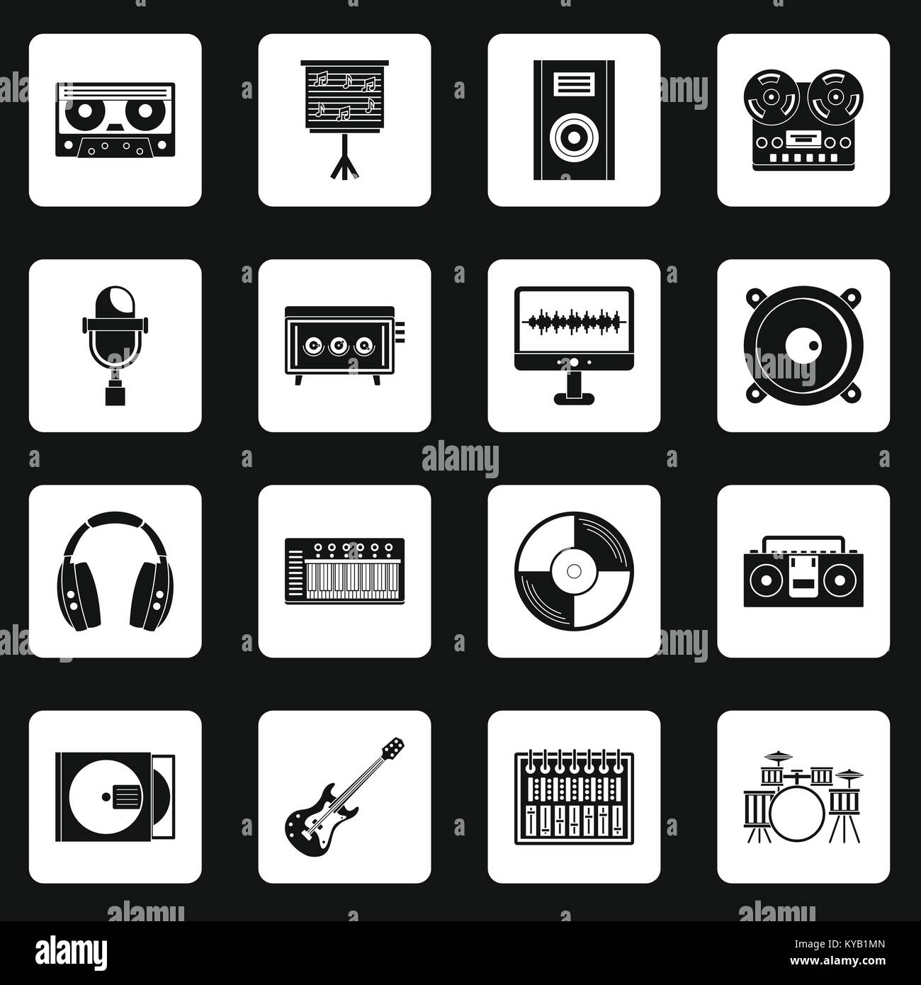 Recording studio items icons set in white squares on black background ...