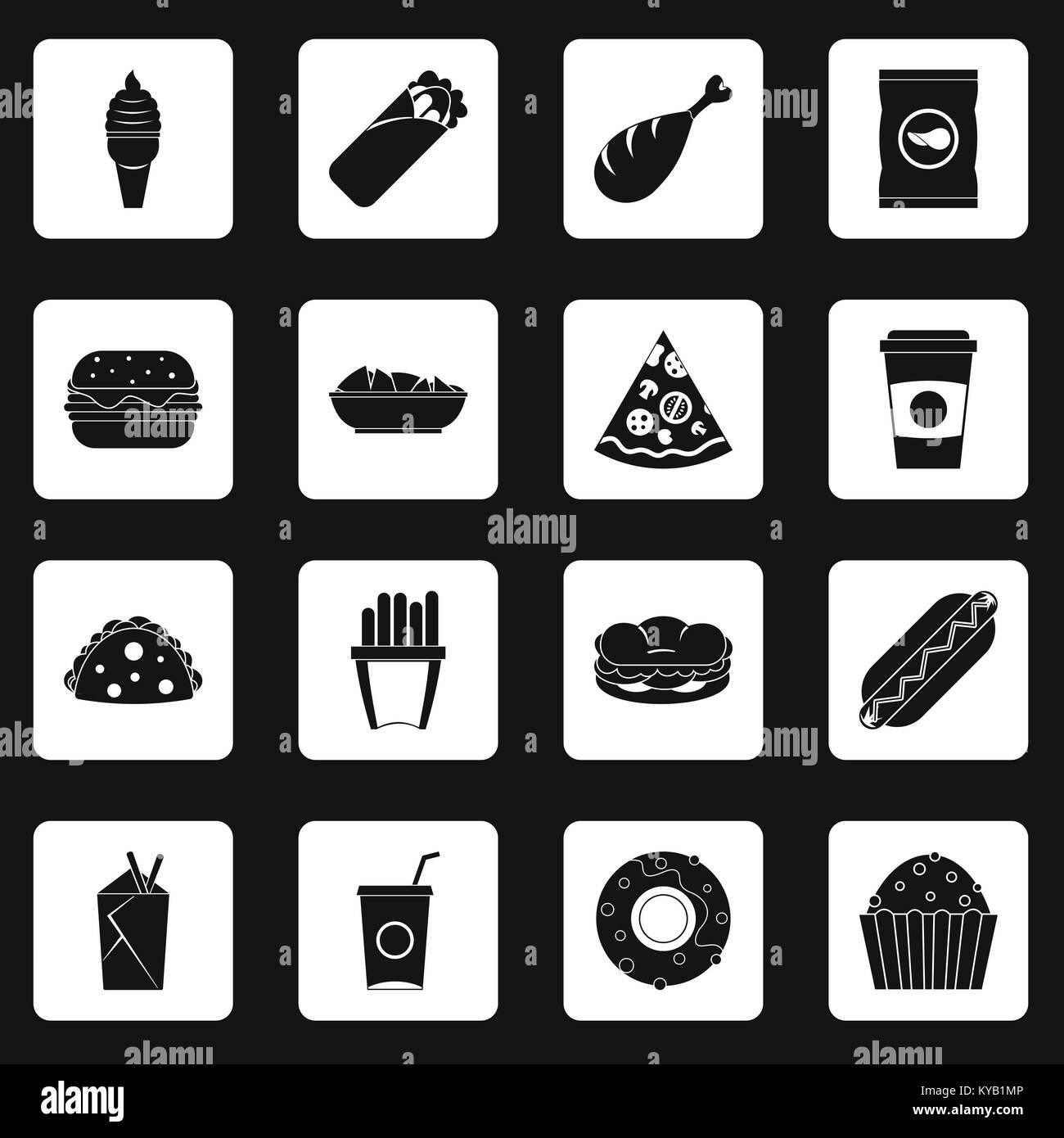 Fast food icons set in white squares on black background simple style ...