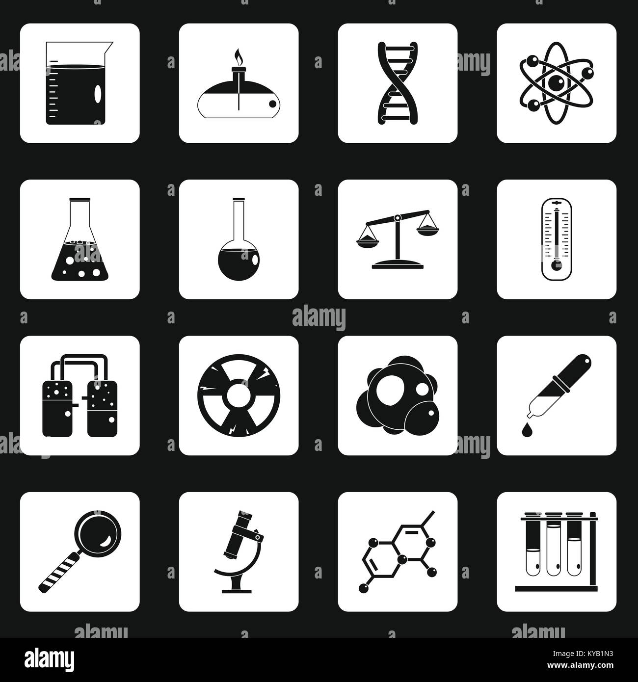 Chemical laboratory icons set in white squares on black background ...