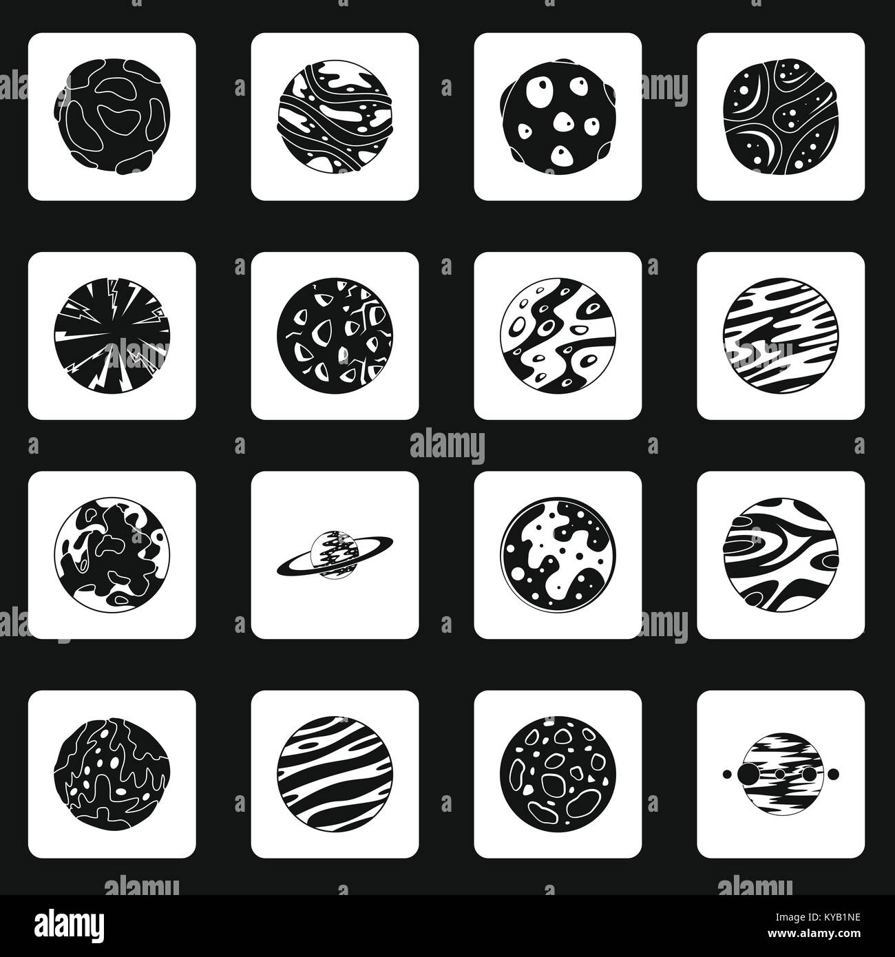 Fantastic planets icons set in white squares on black background simple ...