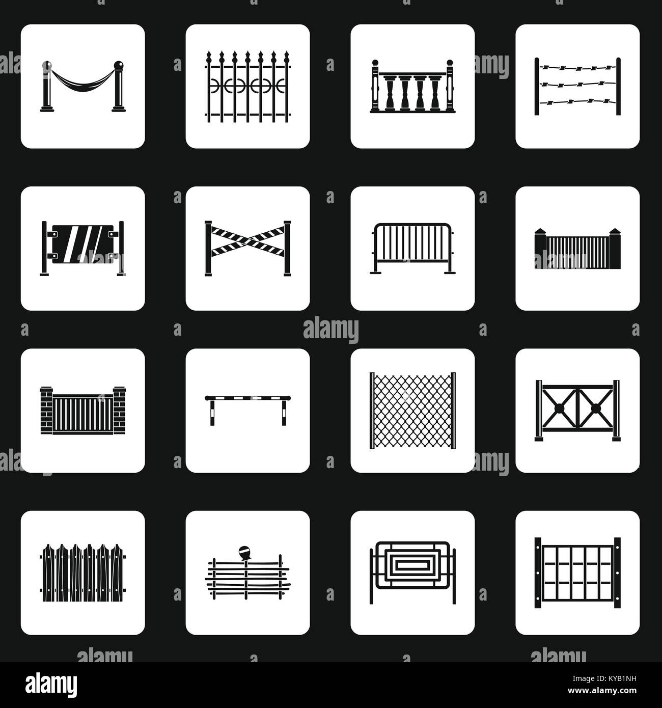 Fencing icons set in white squares on black background simple style ...