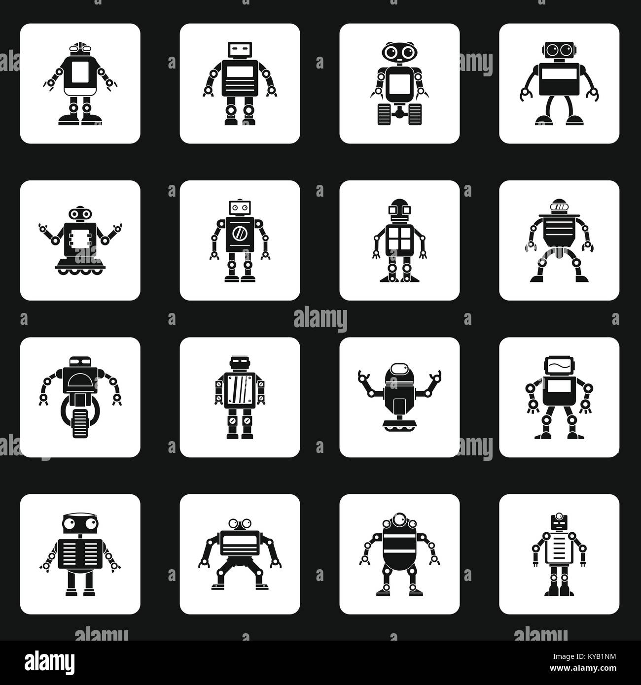 Robot icons set in white squares on black background simple style ...