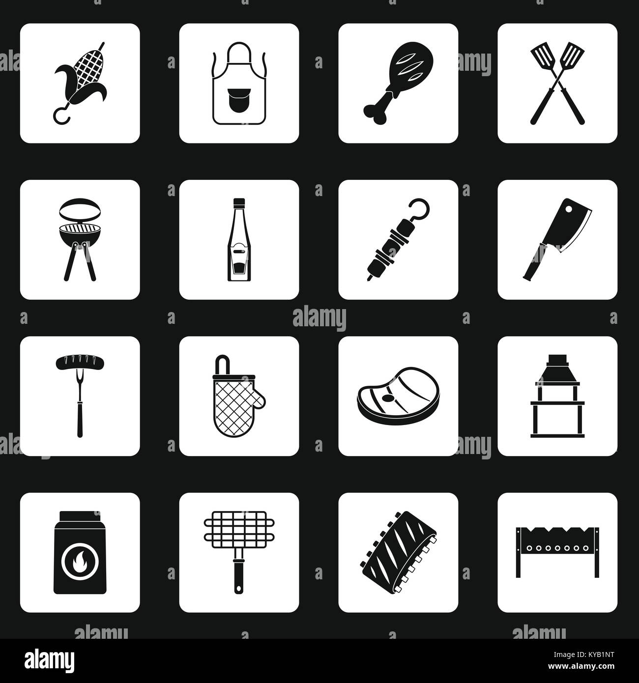 BBQ food icons set in white squares on black background simple style ...