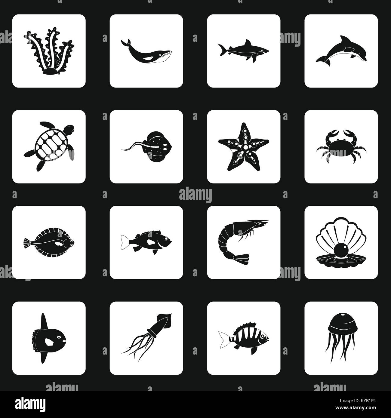 Sea animals icons set in white squares on black background simple style ...