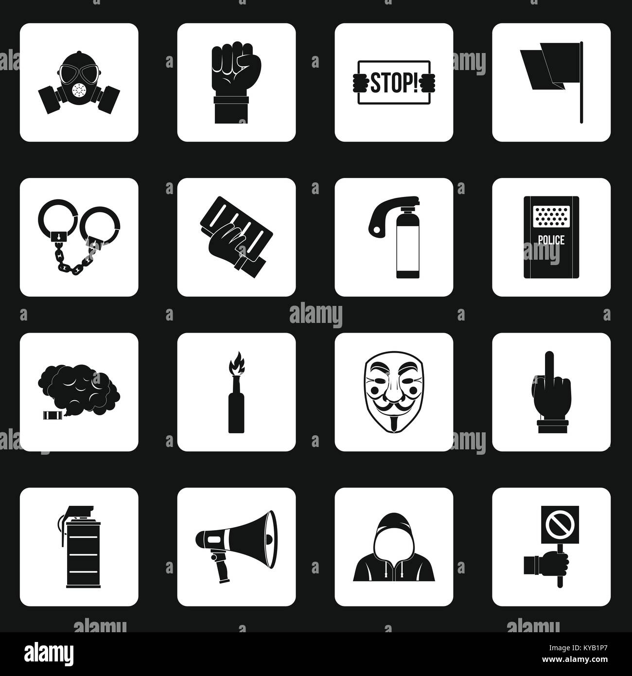Protest icons set in white squares on black background simple style ...