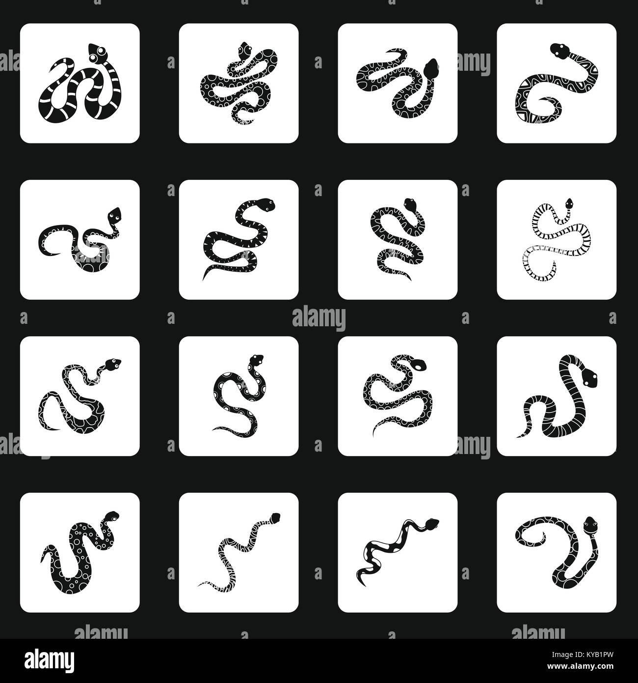 Snake icons set in white squares on black background simple style ...
