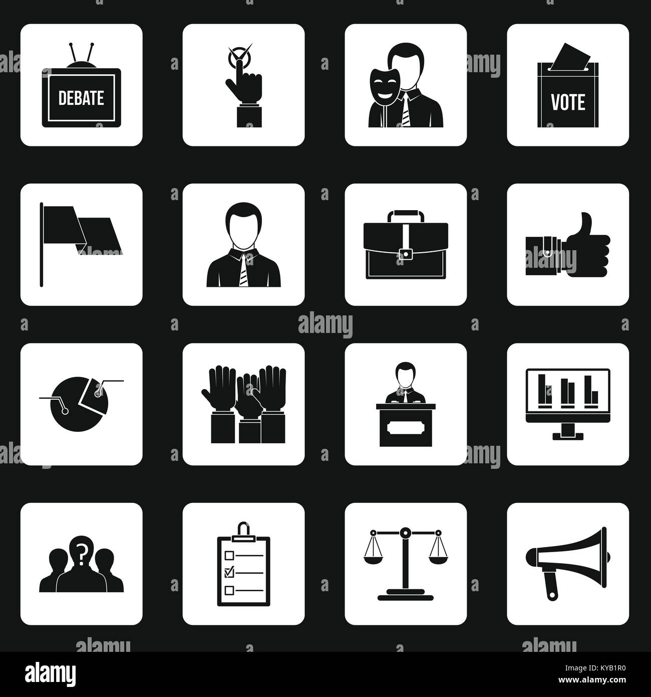 Election voting icons set in white squares on black background simple ...