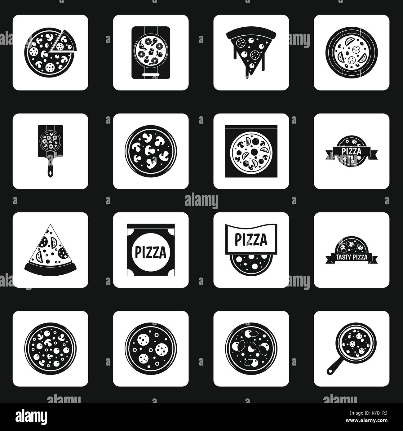 Pizza icons set in white squares on black background simple style ...