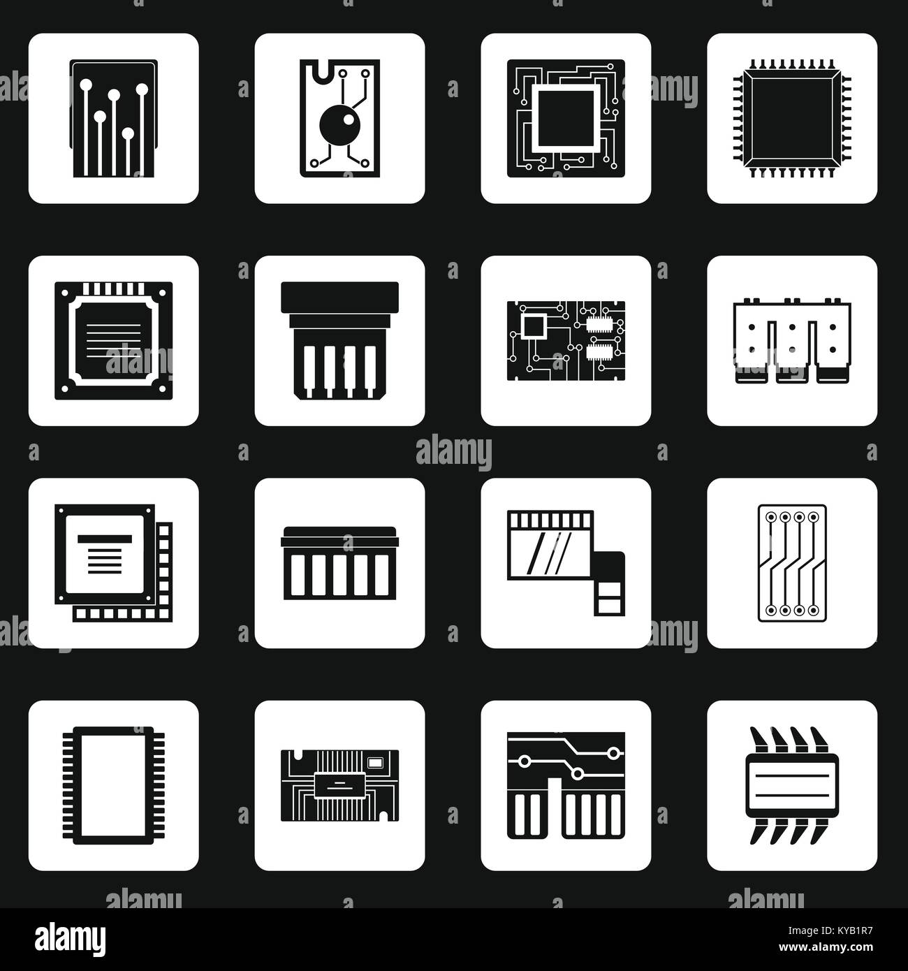 Computer chips icons set in white squares on black background simple ...