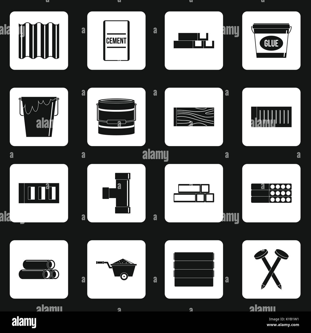 Building materials icons set in white squares on black background ...