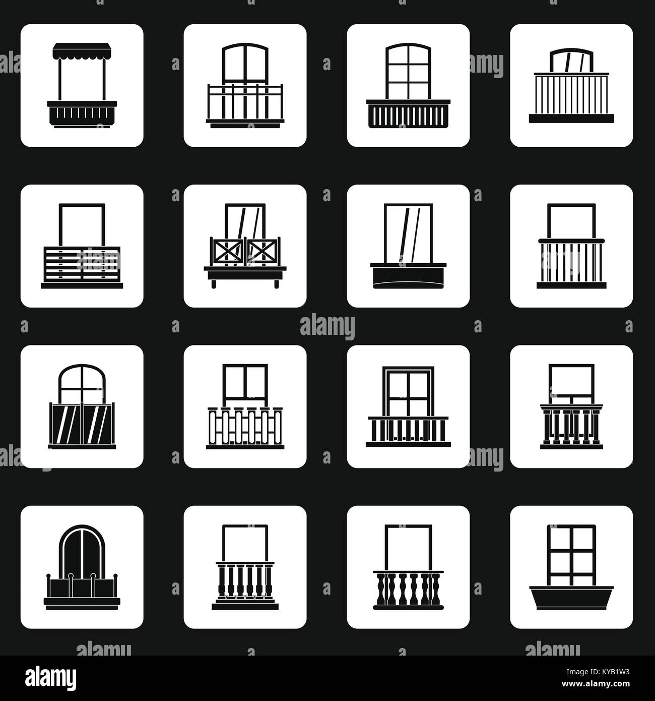 Window forms icons set in white squares on black background simple ...