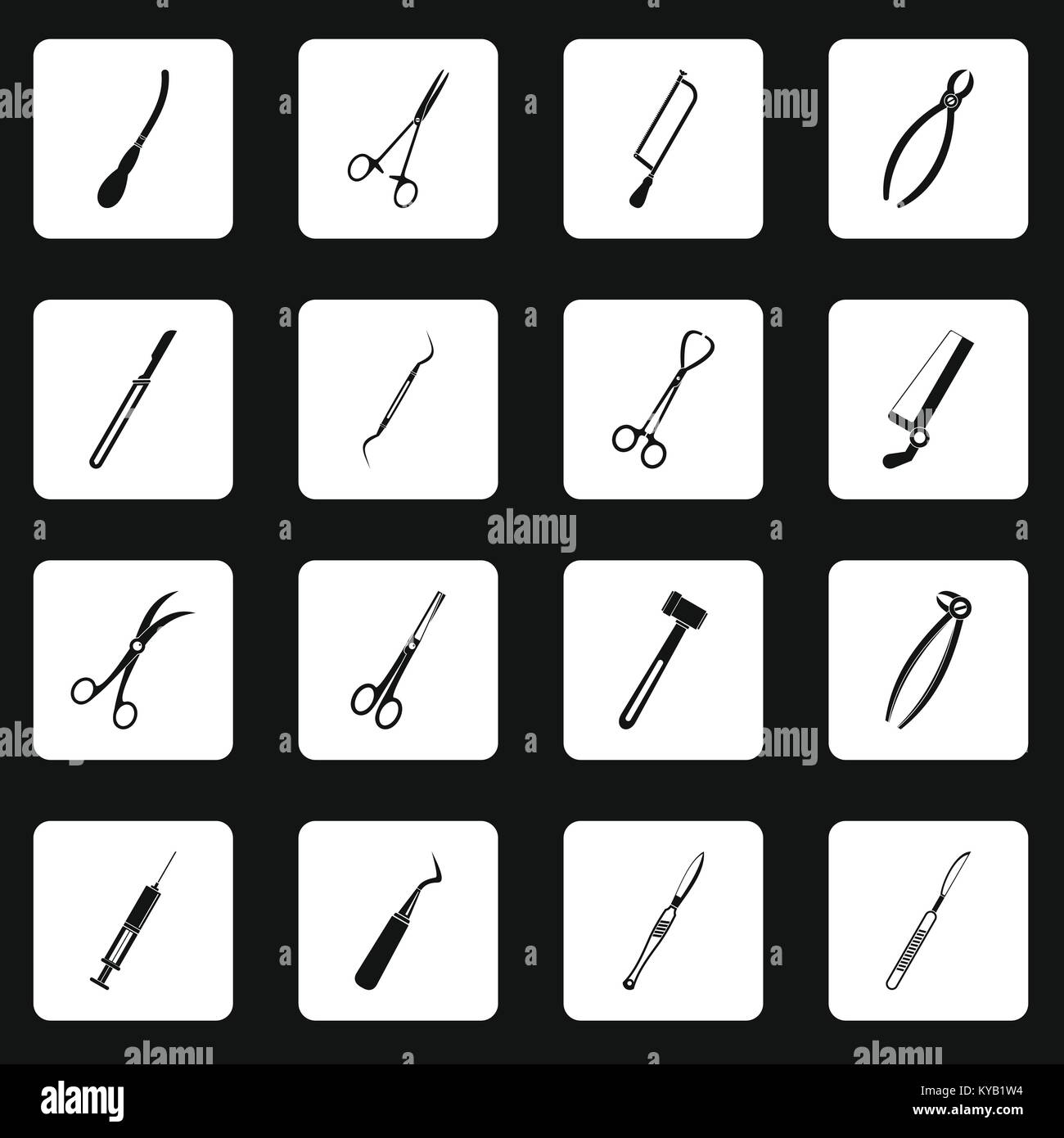 Surgeons tools icons set in white squares on black background simple ...
