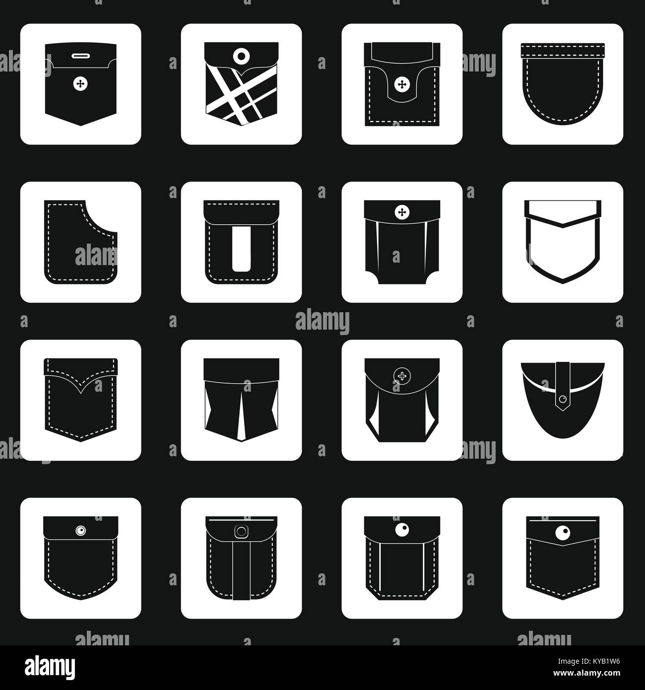 Pocket types icons set in white squares on black background simple ...