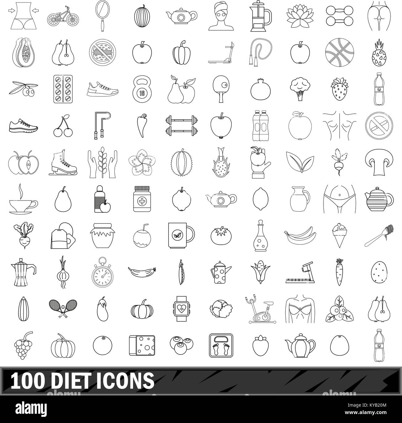 100 diet icons set in outline style for any design vector illustration ...