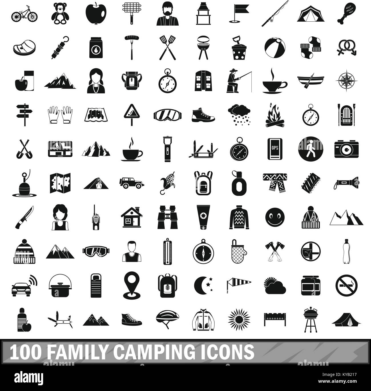 100 family camping icons set in simple style for any design vector ...