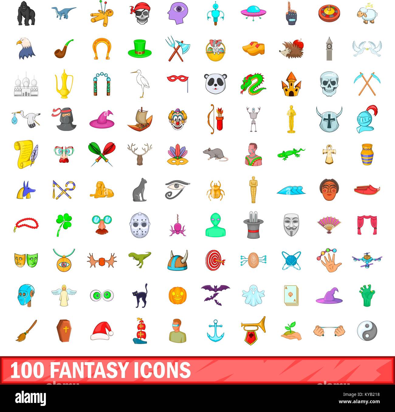 100 fantasy icons set in cartoon style for any design vector ...