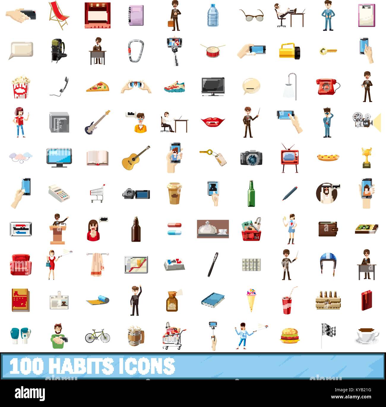 100 habits icons set in cartoon style for any design vector ...