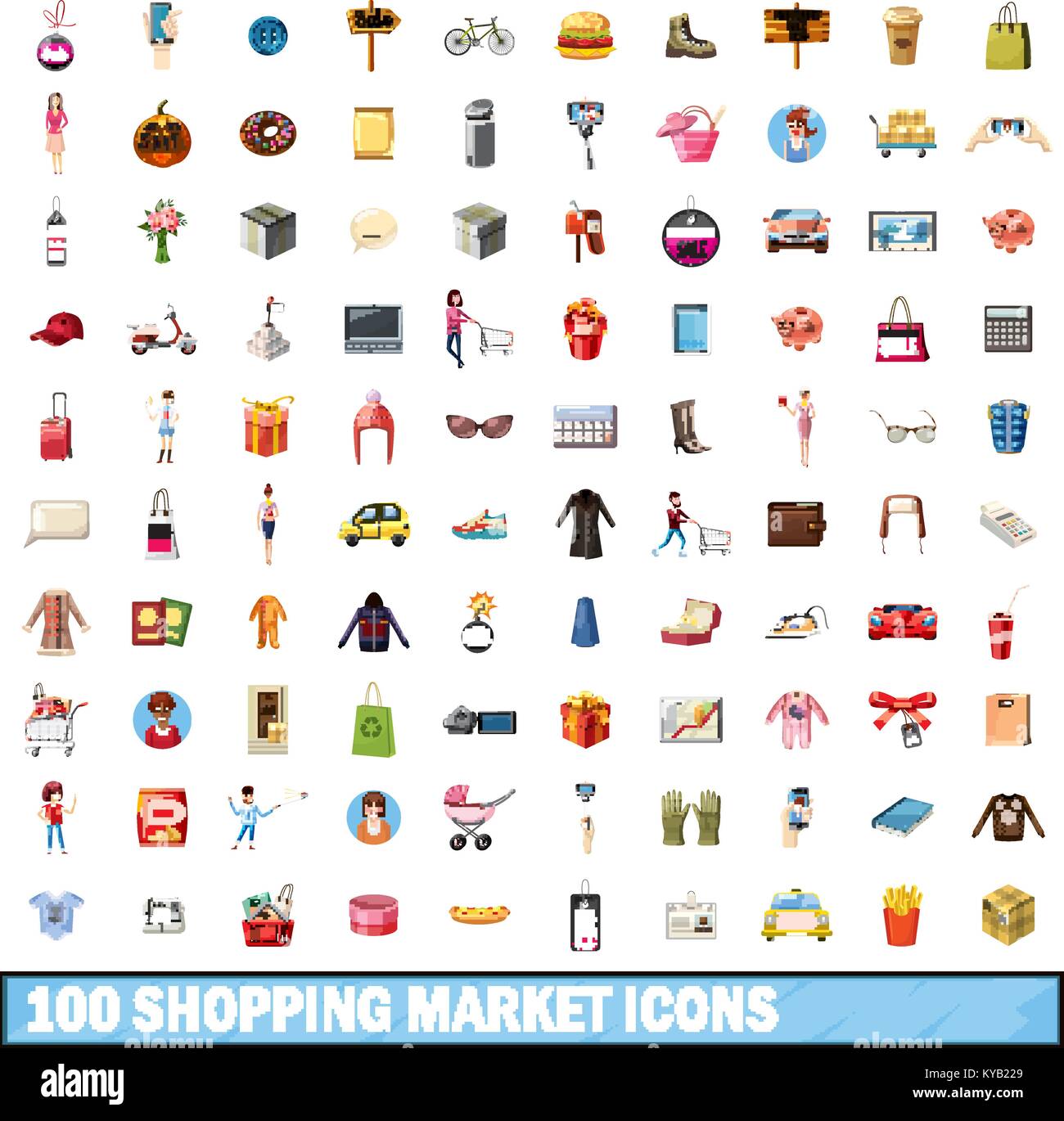 100 shopping market icons set in cartoon style for any design vector ...